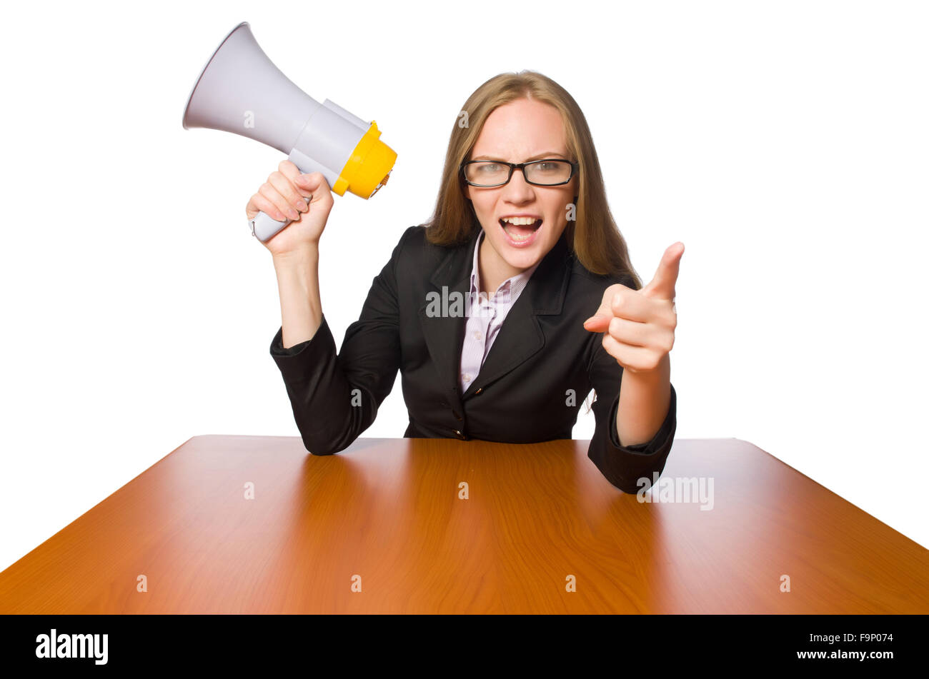 Woman with loudspeaker isolated on white Stock Photo - Alamy