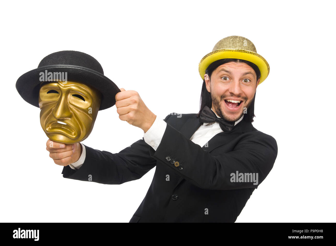 Man with theater mask isolated on white Stock Photo - Alamy