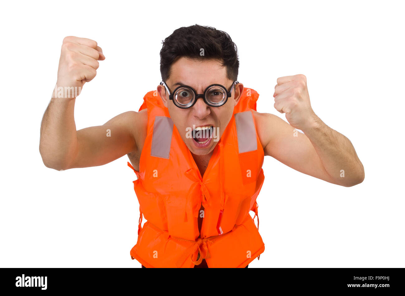 Funny man wearing orange safety vest Stock Photo - Alamy