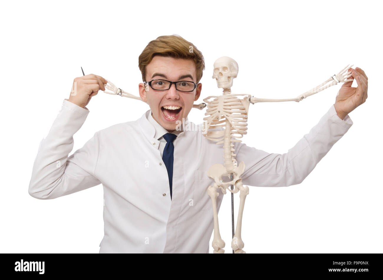 Funny doctor with skeleton isolated on white Stock Photo - Alamy
