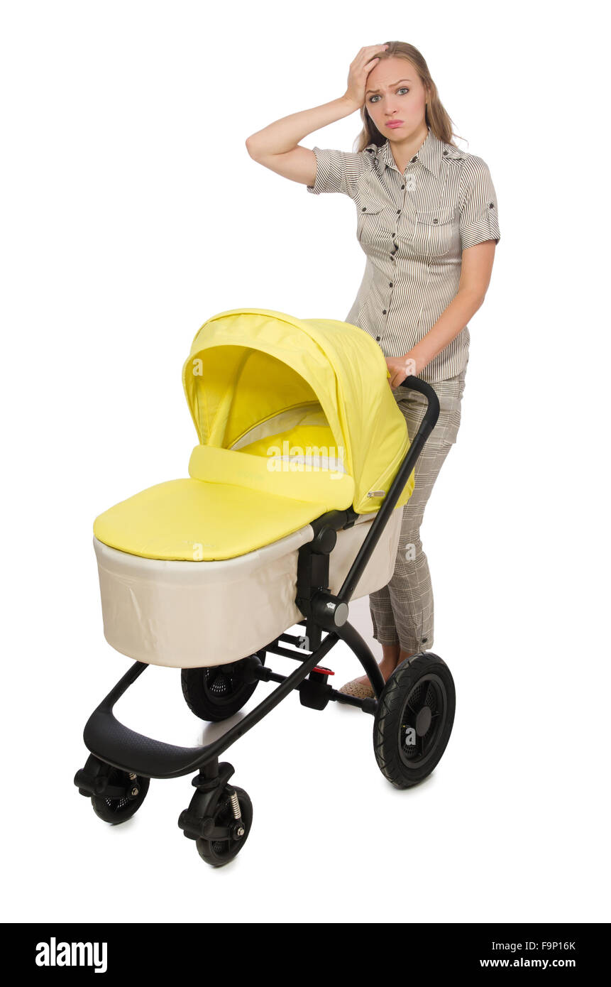 Woman with pram isolated on white Stock Photo - Alamy
