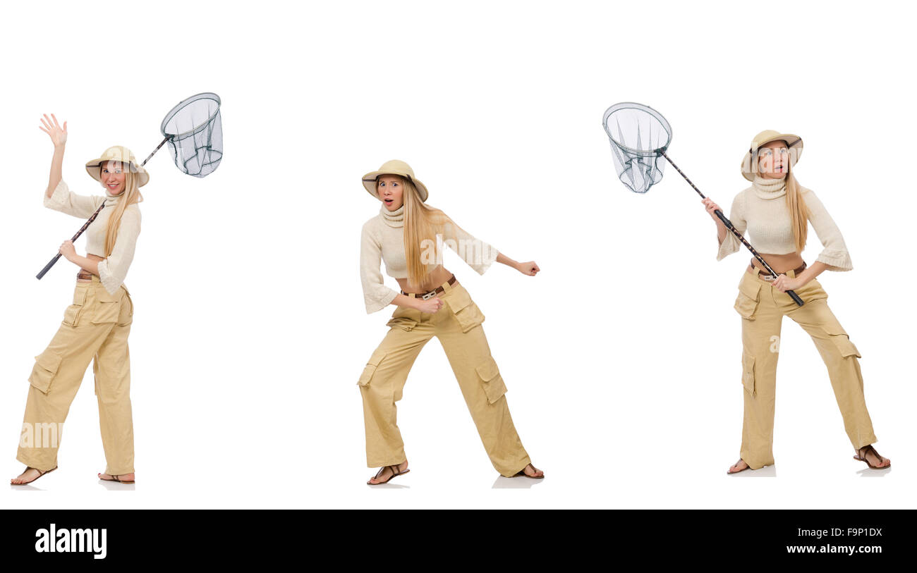 Woman with catching net on white Stock Photo - Alamy