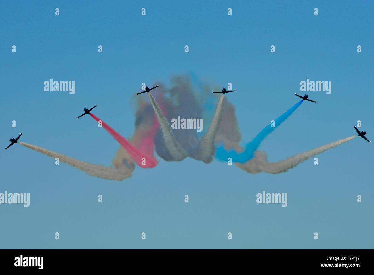 Air Show Fleet week jet jets splitting formation red white and blue USA ...