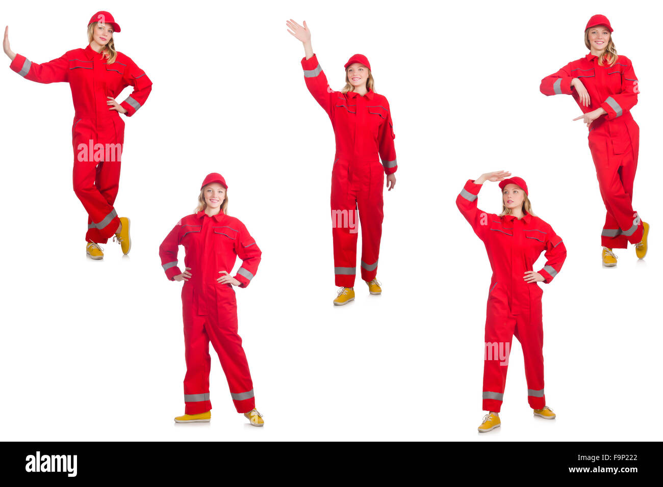Woman in red overalls isolated on white Stock Photo - Alamy
