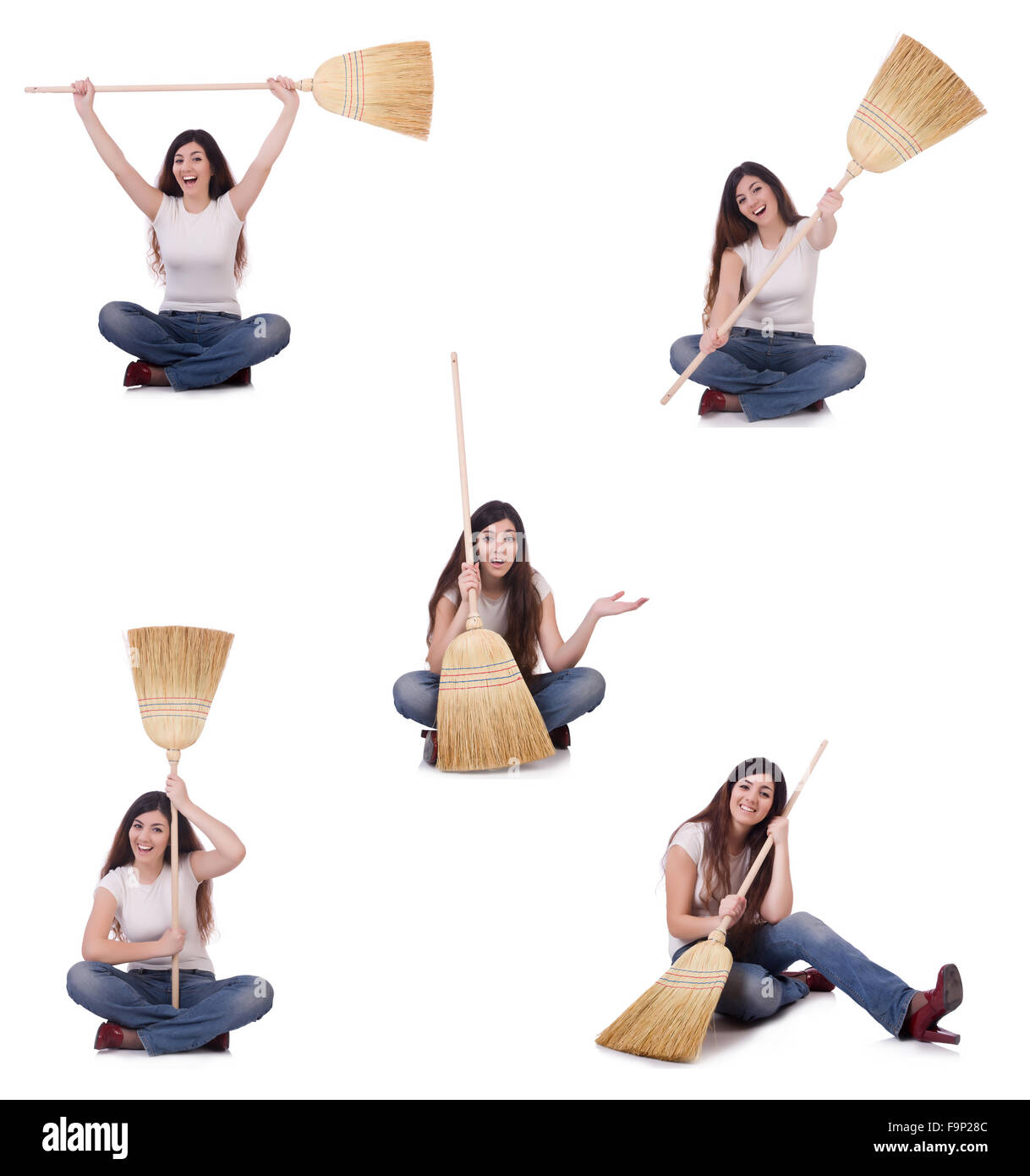 Woman with broom isolated on white Stock Photo - Alamy