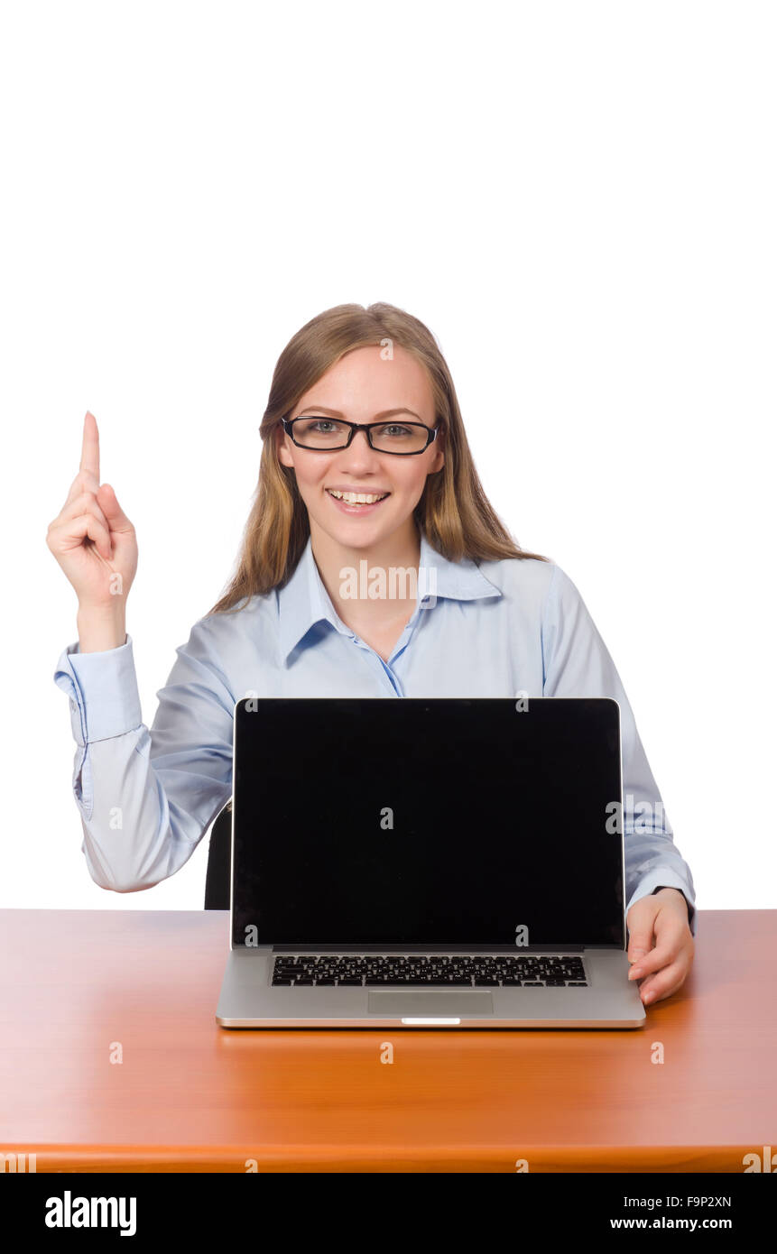 Office employee with laptop isolated on white Stock Photo - Alamy
