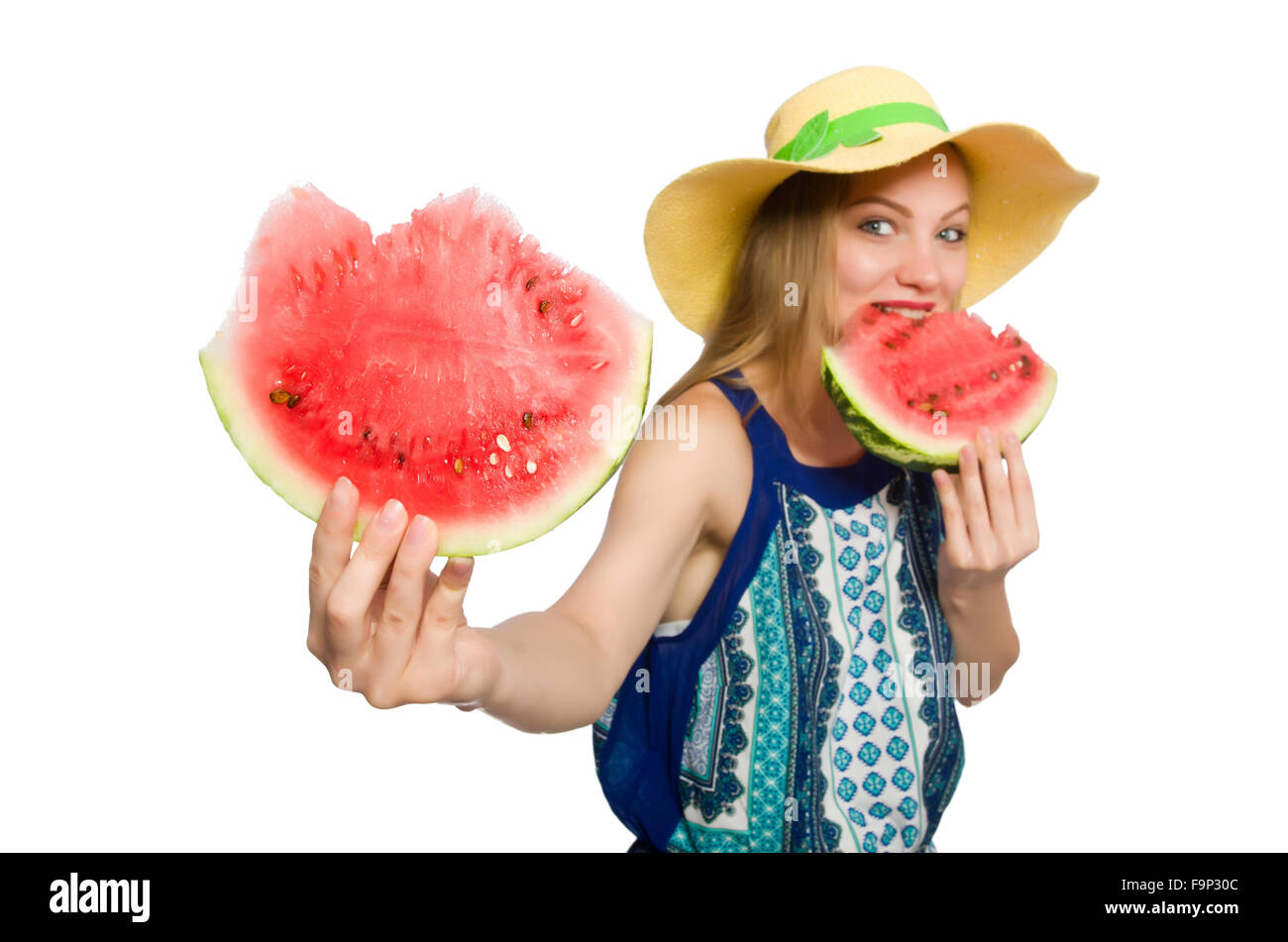 Woman with watermelon isolated on white Stock Photo - Alamy