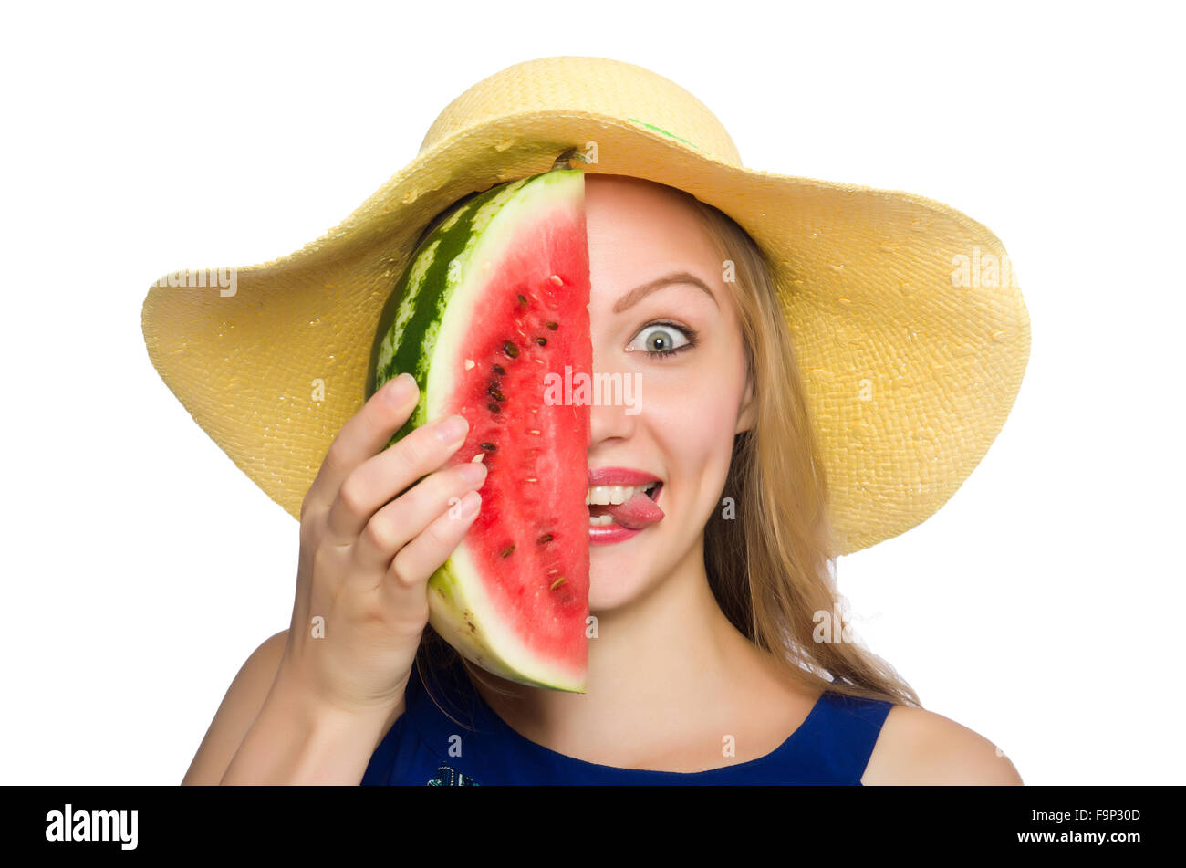 Woman with watermelon isolated on white Stock Photo - Alamy