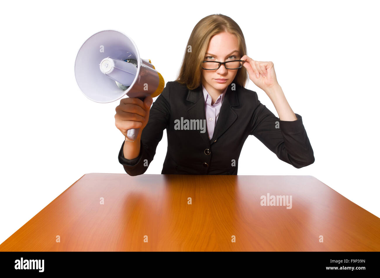 Woman with loudspeaker isolated on white Stock Photo - Alamy