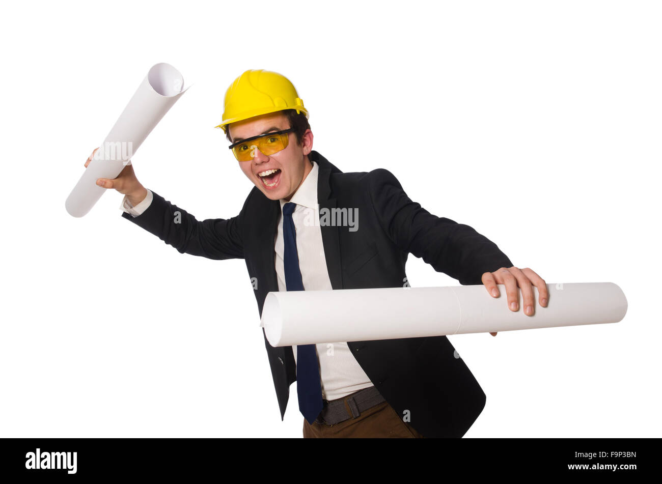 Funny architect with drawings on white Stock Photo - Alamy