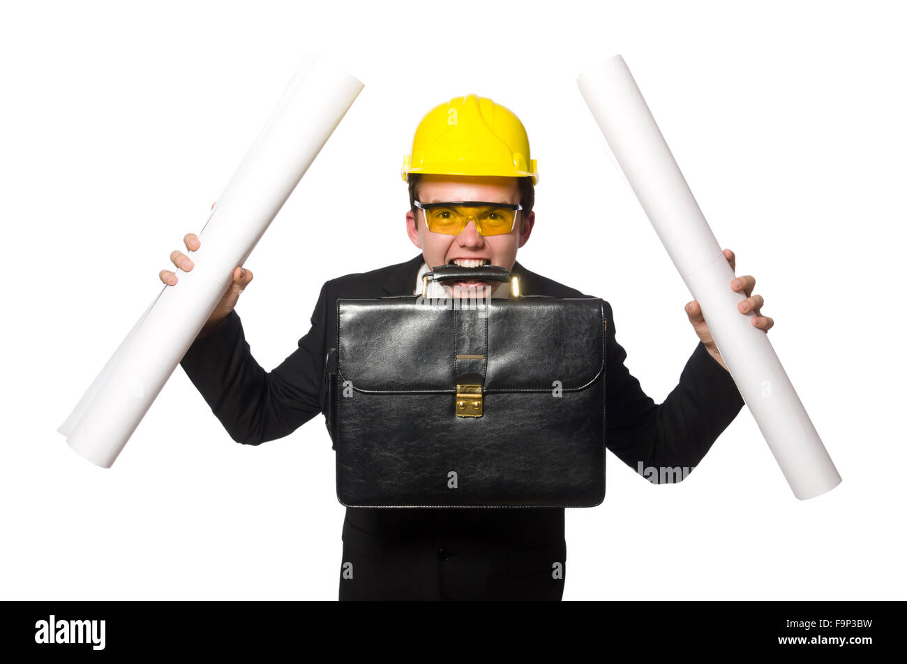 Funny architect with drawings on white Stock Photo - Alamy