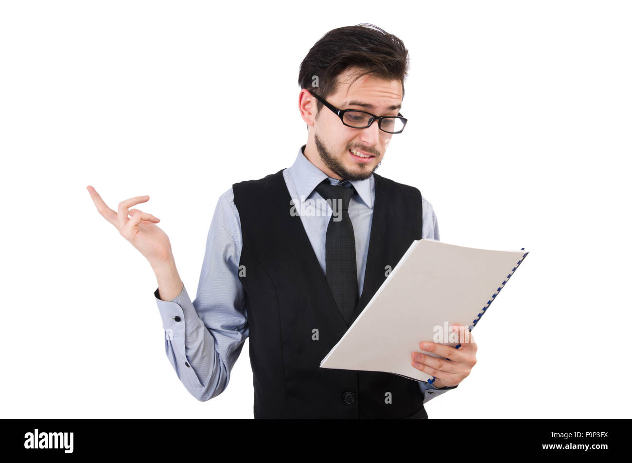 Office employee holding paper isolated on white Stock Photo - Alamy