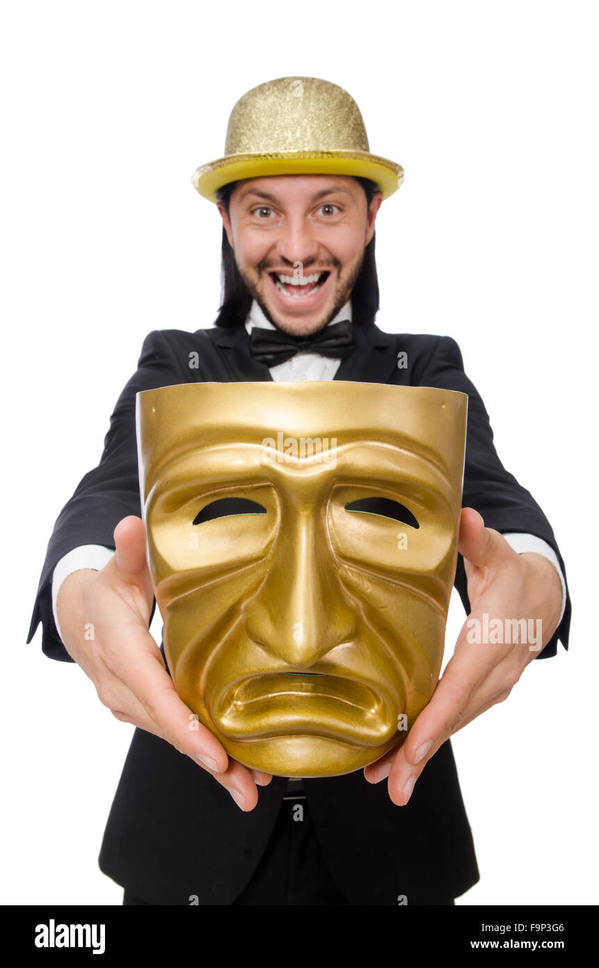 Man with theater mask isolated on white Stock Photo - Alamy
