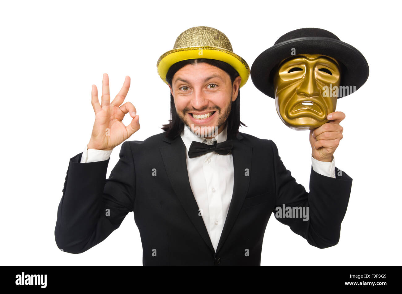 Man with theater mask isolated on white Stock Photo - Alamy