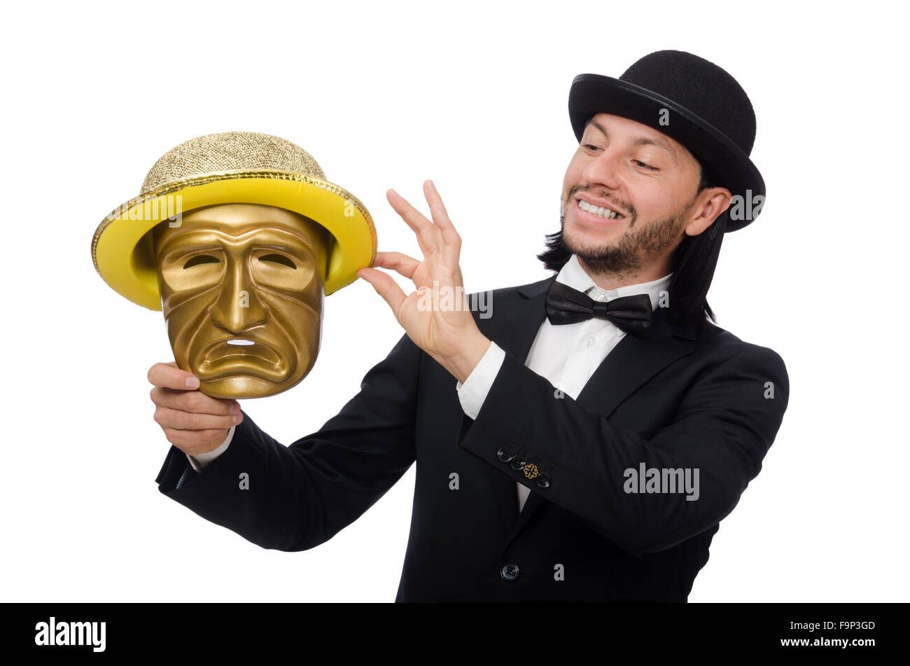 Man with theater mask isolated on white Stock Photo - Alamy