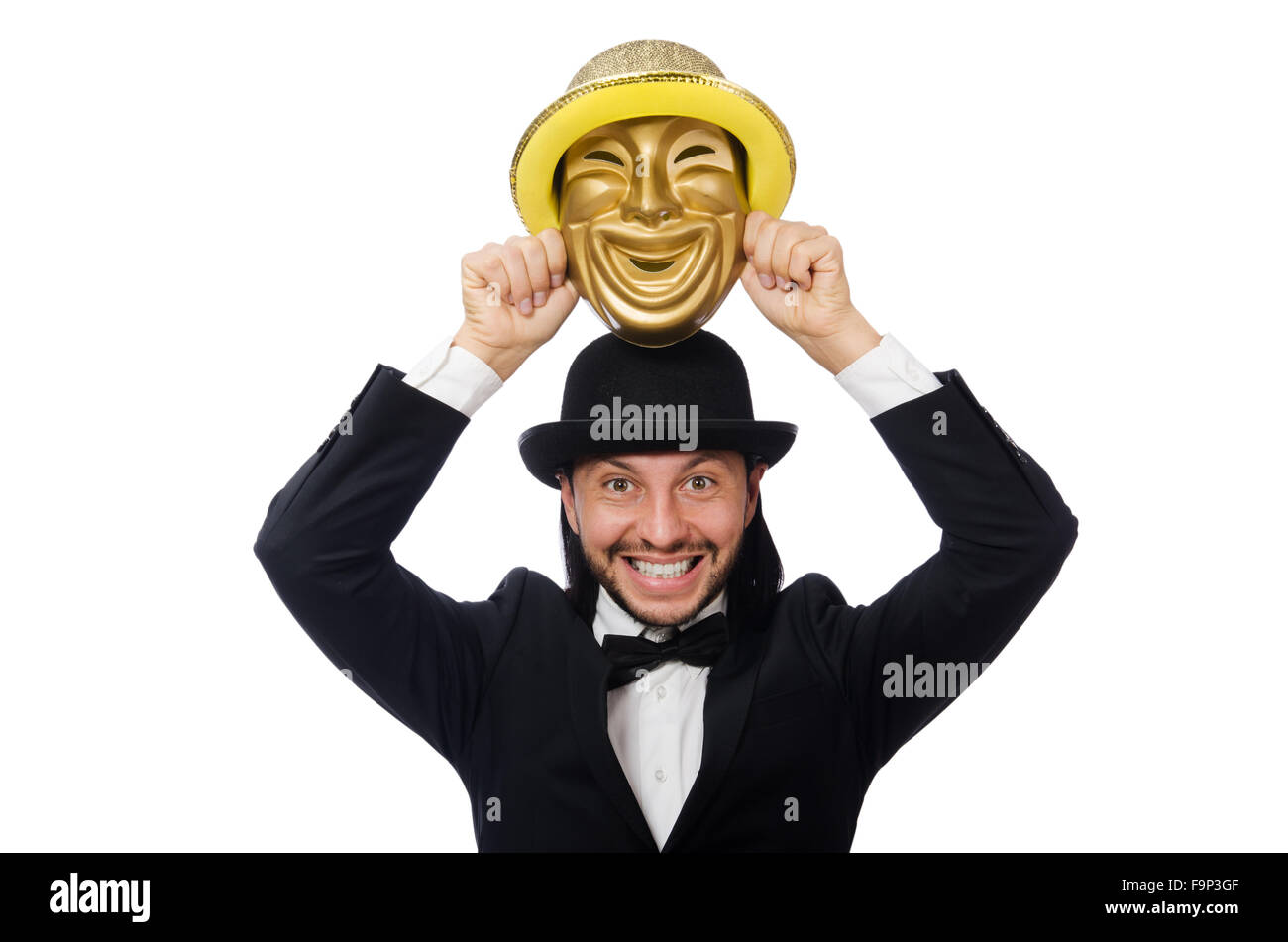 Man with theater mask isolated on white Stock Photo - Alamy