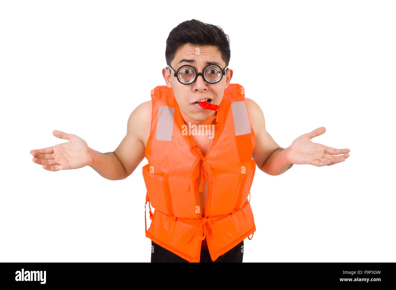 Funny man wearing orange safety vest Stock Photo - Alamy