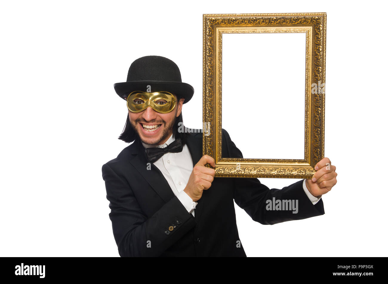 Funny man with picture frame on white Stock Photo - Alamy