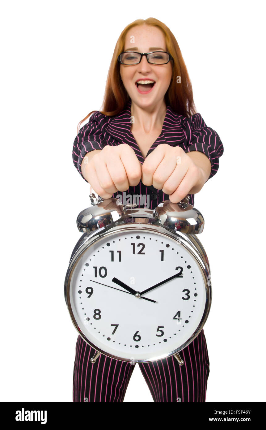 Pretty office employee with alarm clock isolated on white Stock Photo ...