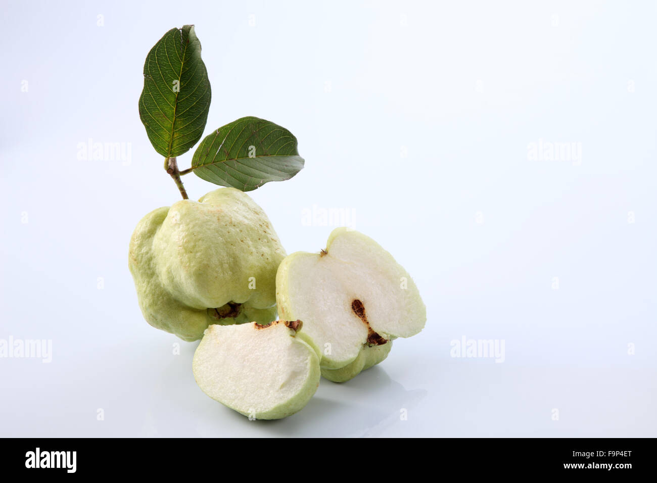 green quava with leaf on the white background Stock Photo - Alamy