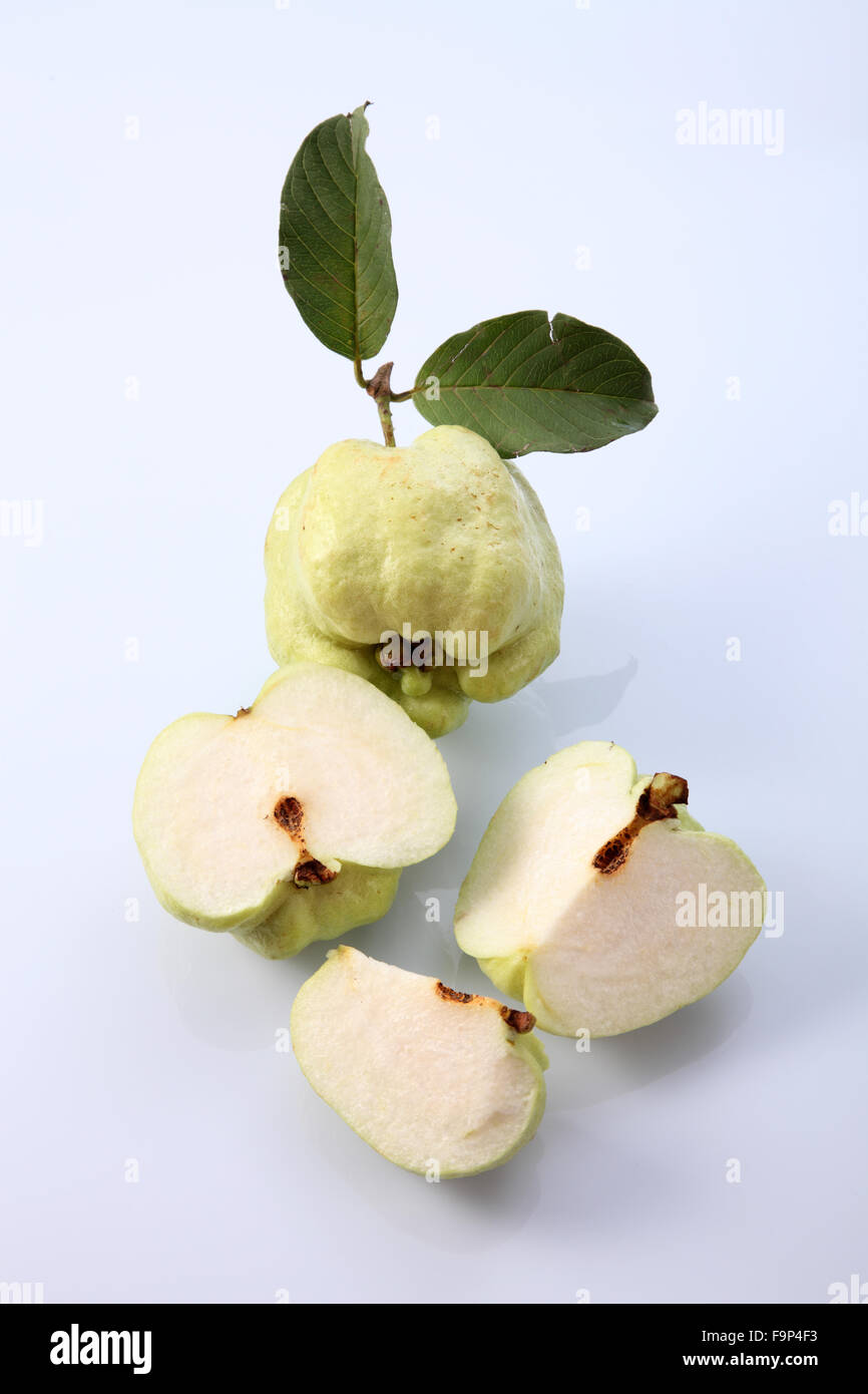 green quava with leaf on the white background Stock Photo - Alamy