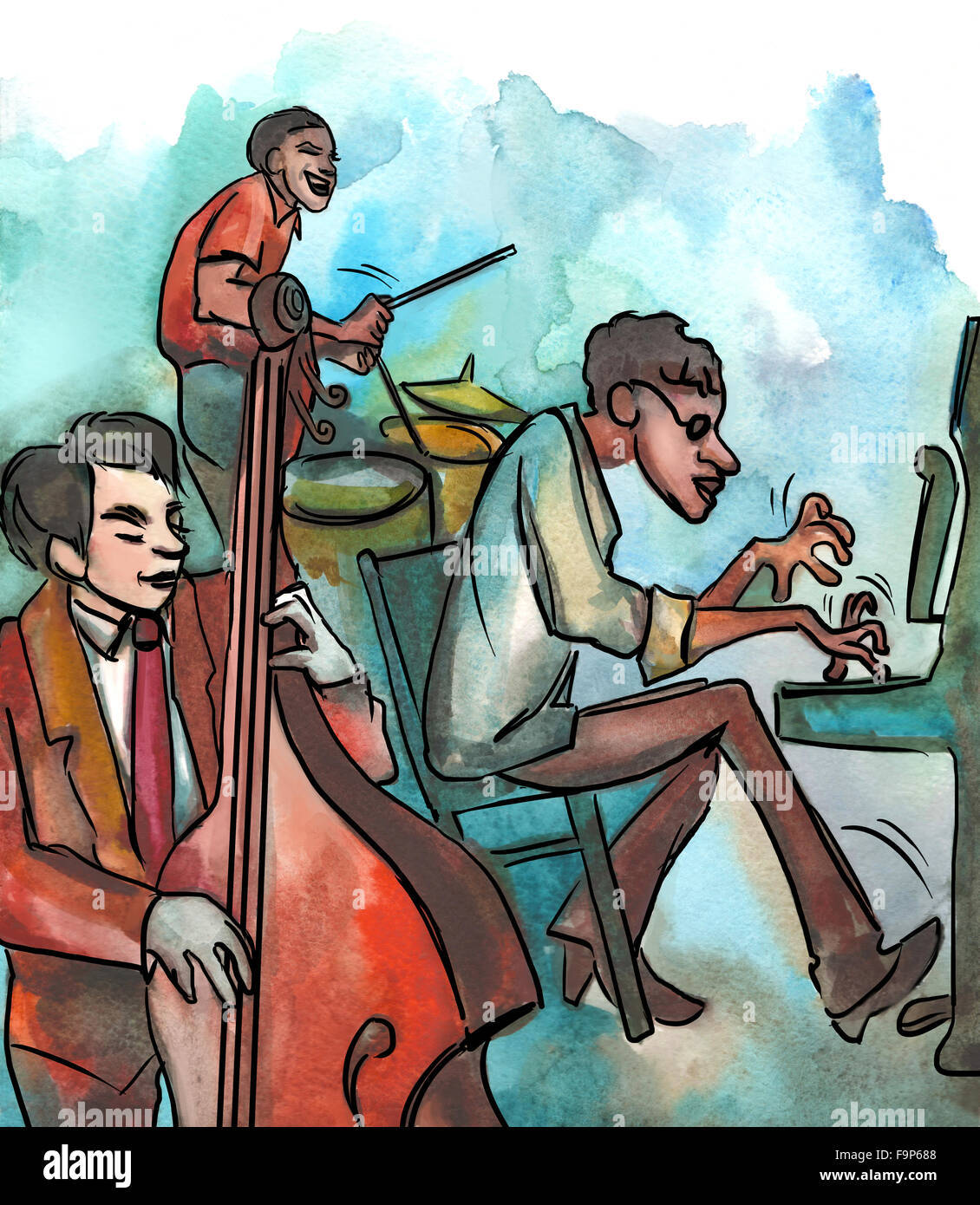 Jazz performance. Jazz trio on the stage. Pianist, bassist and drummer ...