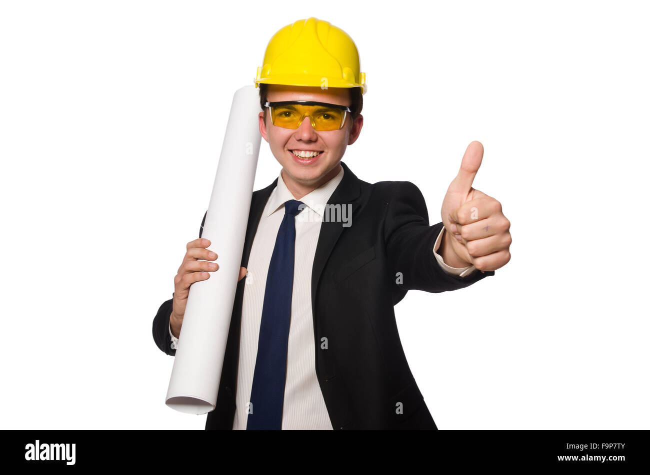 Funny architect with drawings on white Stock Photo - Alamy