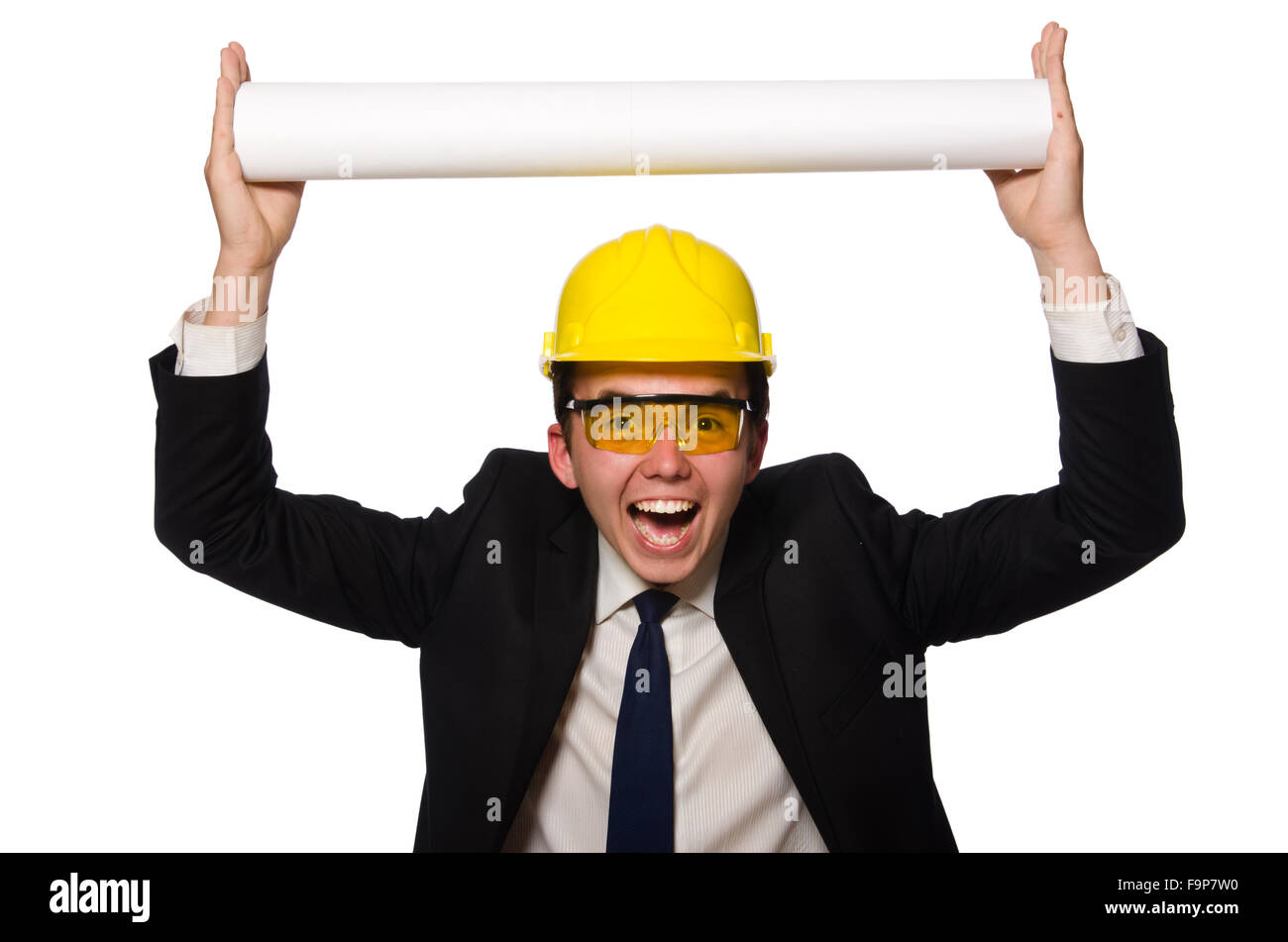 Funny architect with drawings on white Stock Photo - Alamy