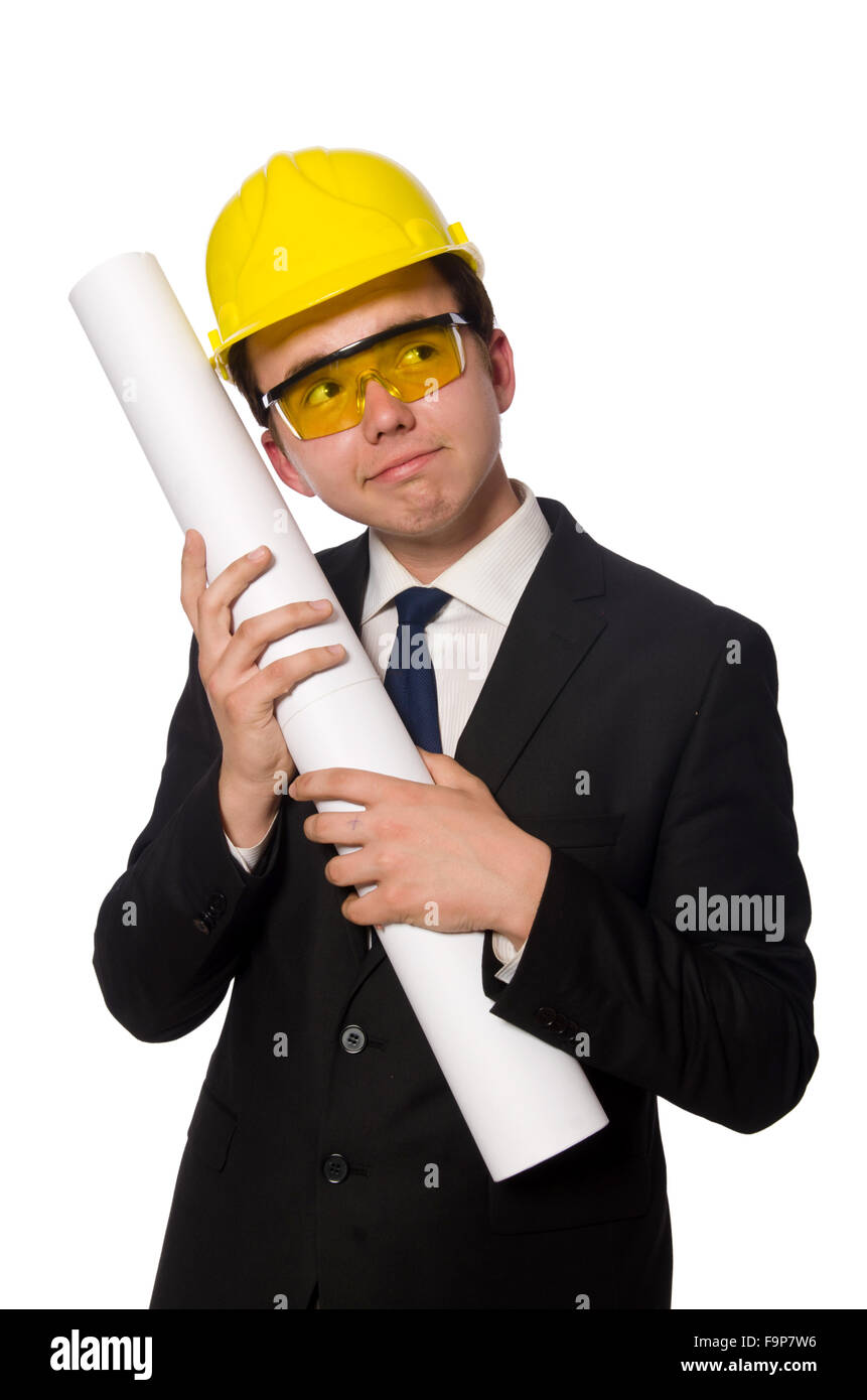 Funny architect with drawings on white Stock Photo - Alamy