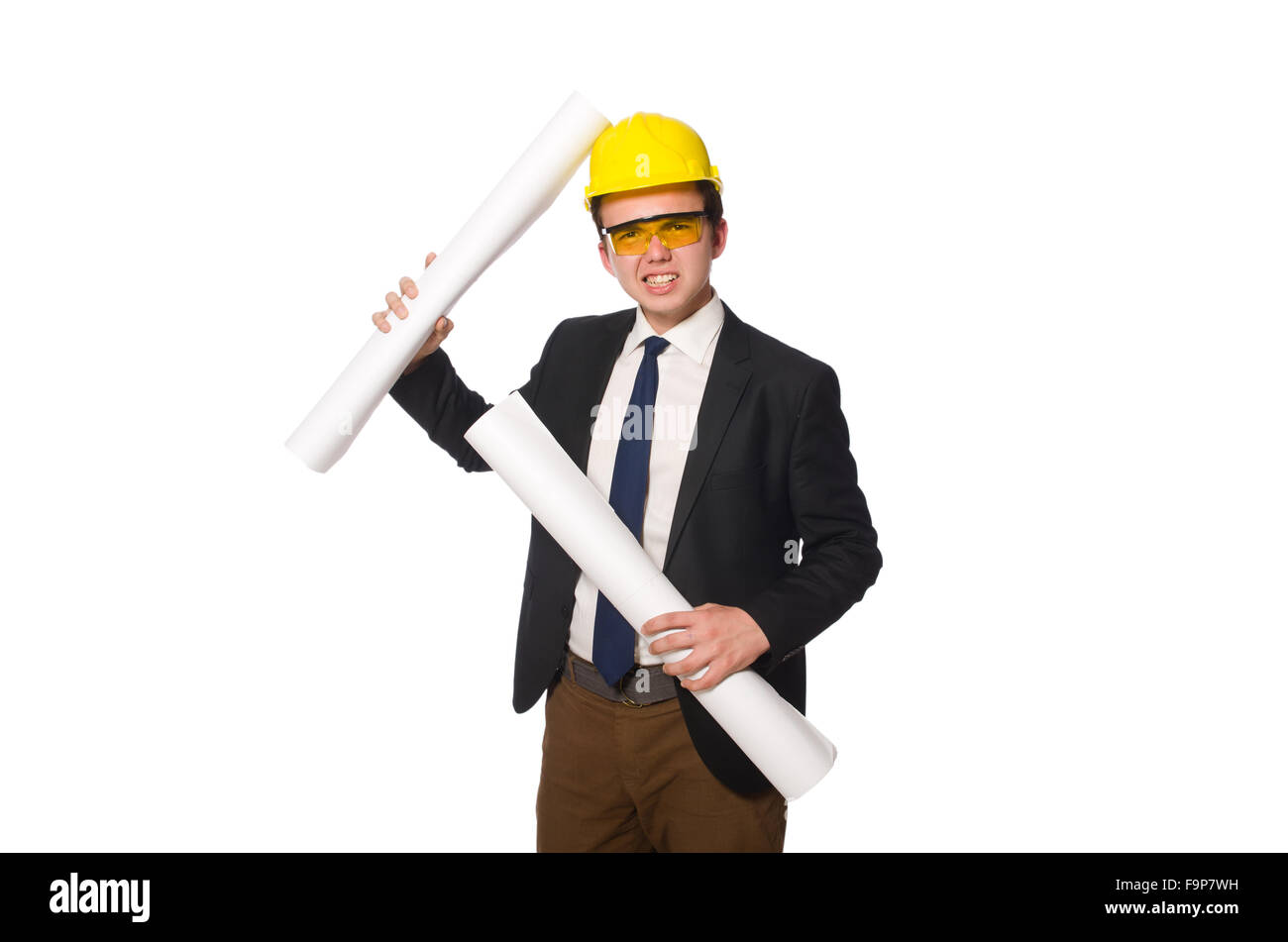 Funny architect with drawings on white Stock Photo - Alamy