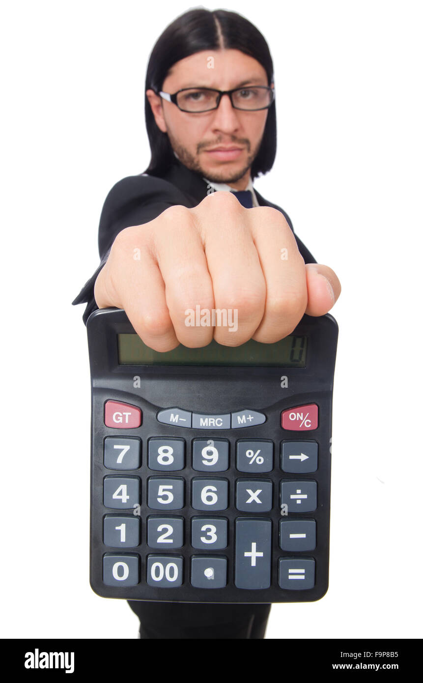 Man with calculator isolated on white Stock Photo - Alamy