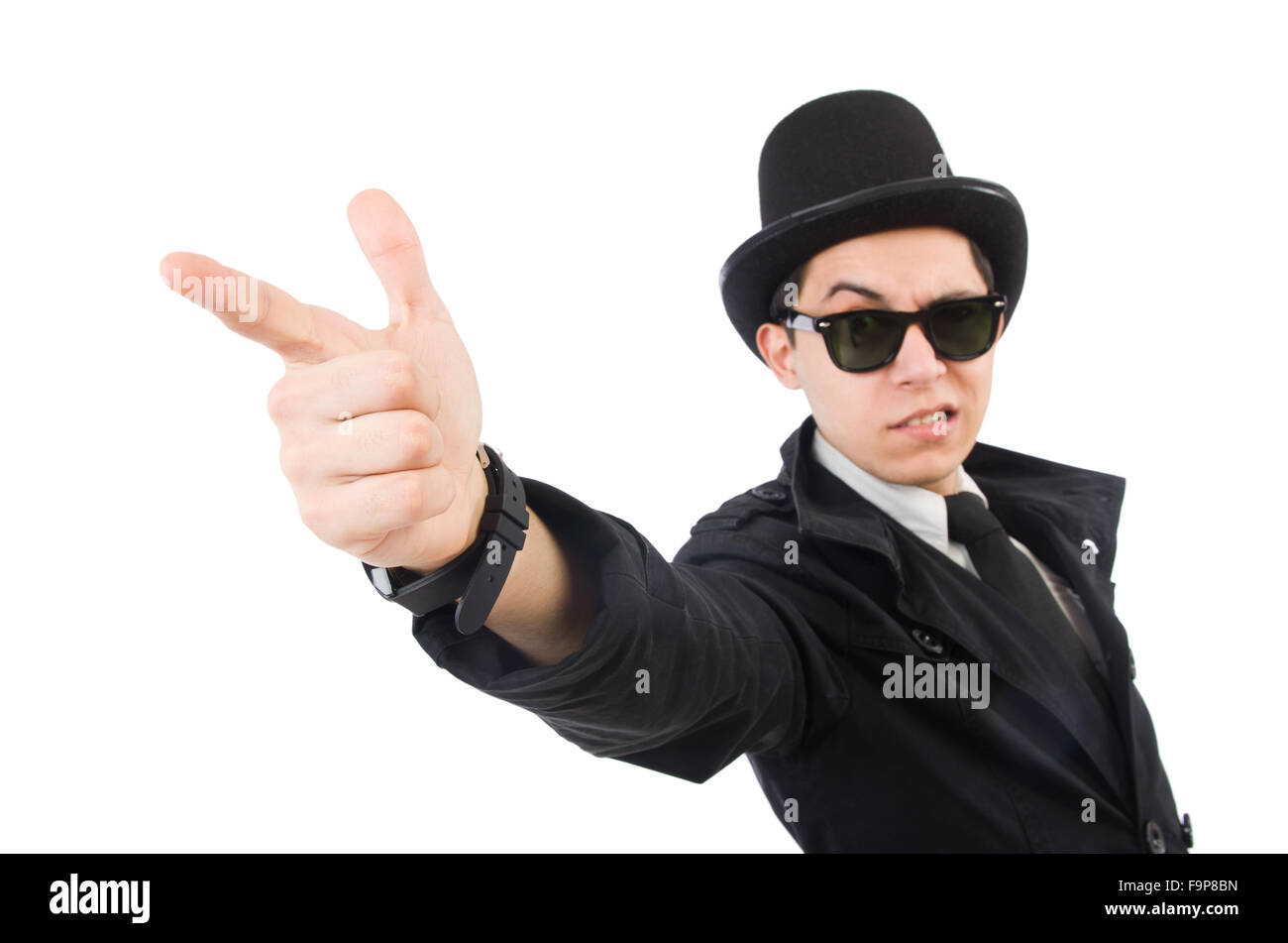 Young detective in black coat isolated on white Stock Photo - Alamy