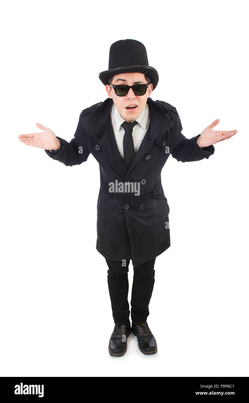 Young detective in black coat isolated on white Stock Photo - Alamy