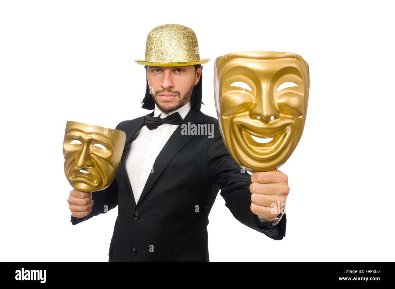 Man with theater mask isolated on white Stock Photo - Alamy