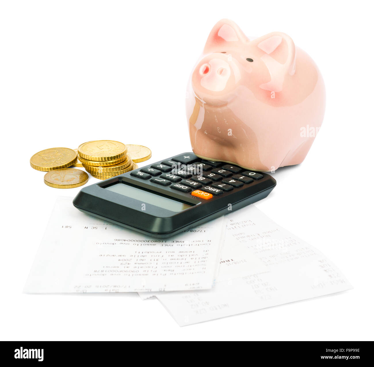 Piggy bank with calculator and bills Stock Photo - Alamy