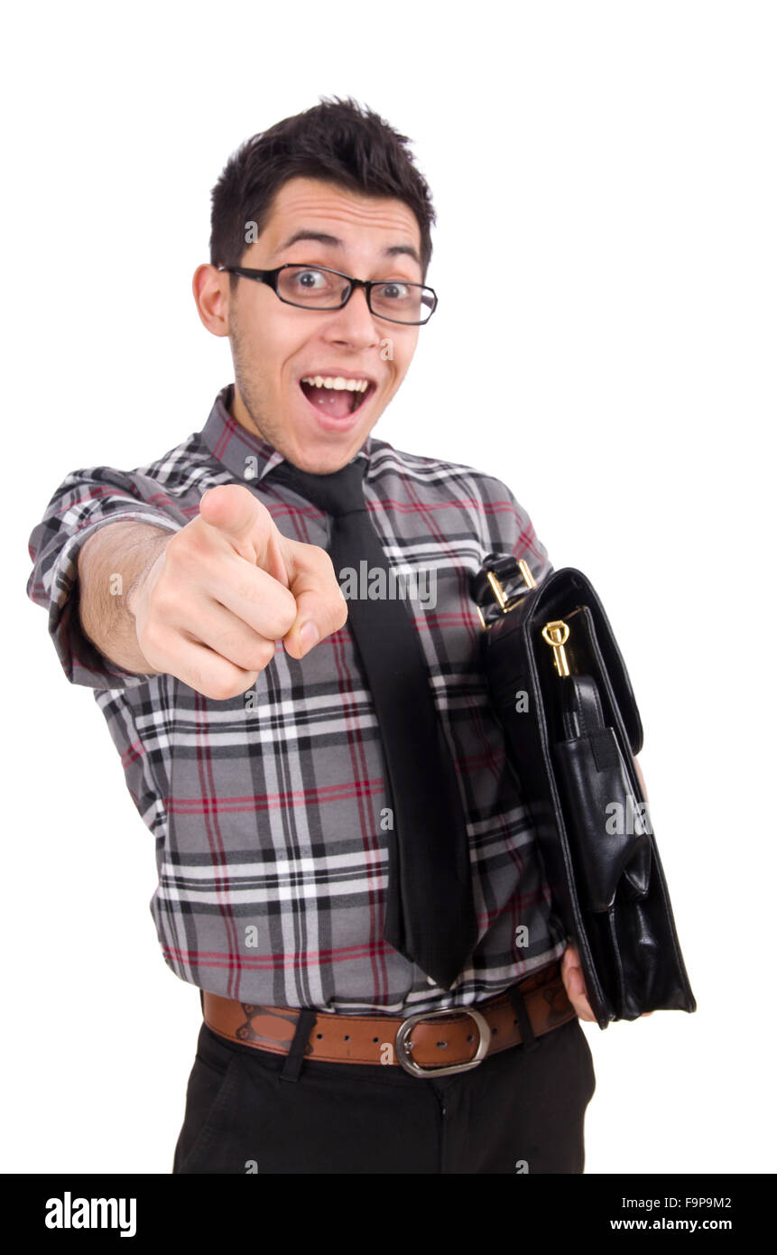 Young employee with backpack isolated on white Stock Photo - Alamy