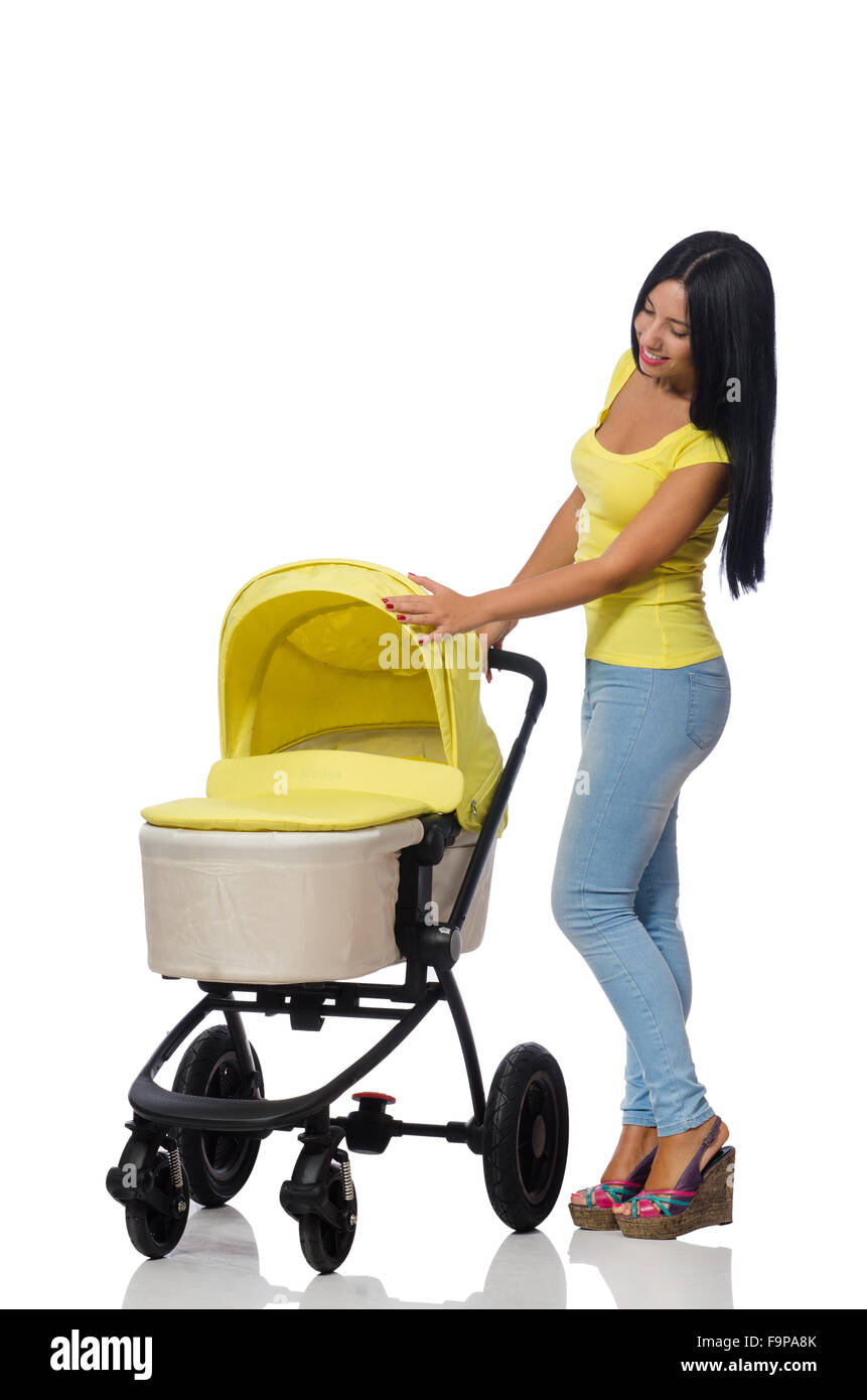 Woman with baby and pram isolated on white Stock Photo - Alamy