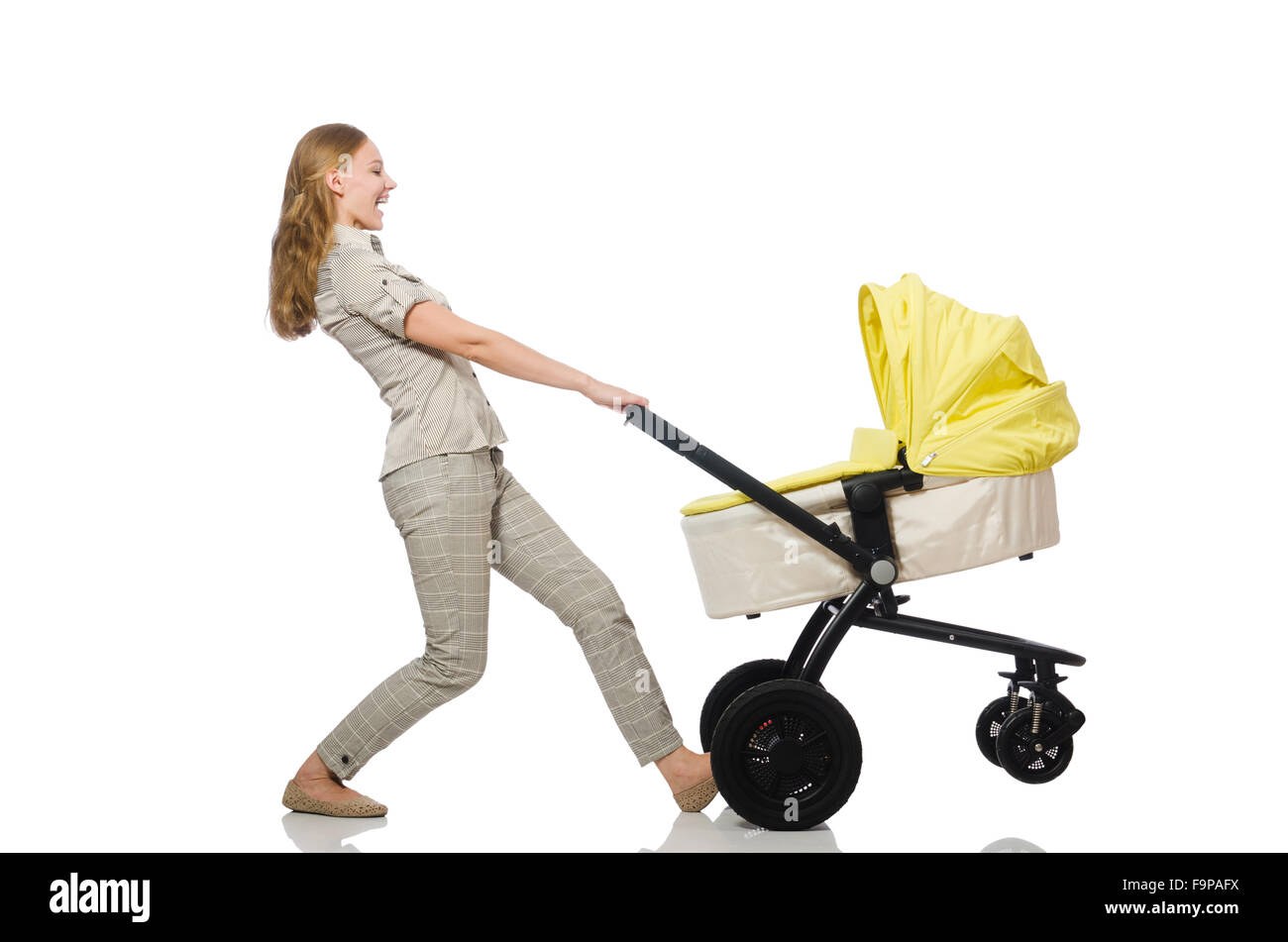 Woman pushing pram running Cut Out Stock Images & Pictures - Alamy