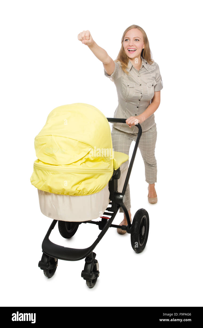 Woman with baby and pram isolated on white Stock Photo - Alamy