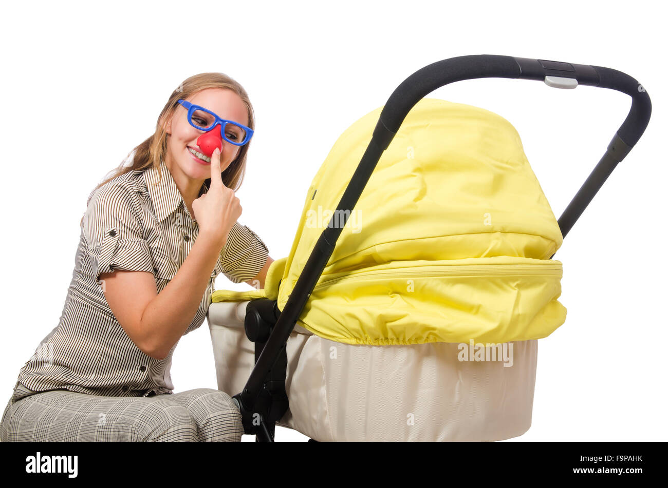 Woman with pram isolated on white Stock Photo - Alamy