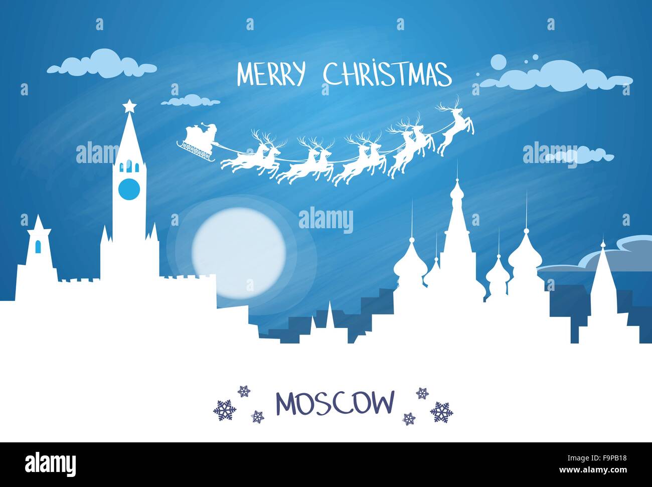 Santa Claus Sleigh Reindeer Fly Russian Sky over Moscow City Silhouette Night Stock Vector Image ...