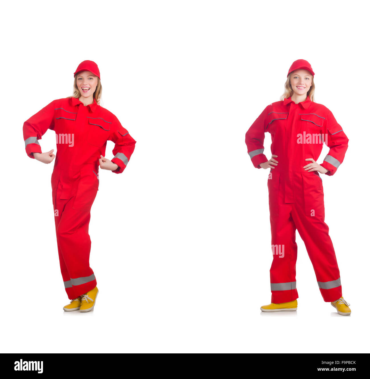 Woman in red overalls isolated on white Stock Photo - Alamy