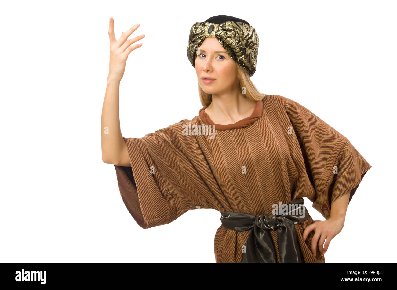 Woman wearing medieval arab clothing on white Stock Photo - Alamy
