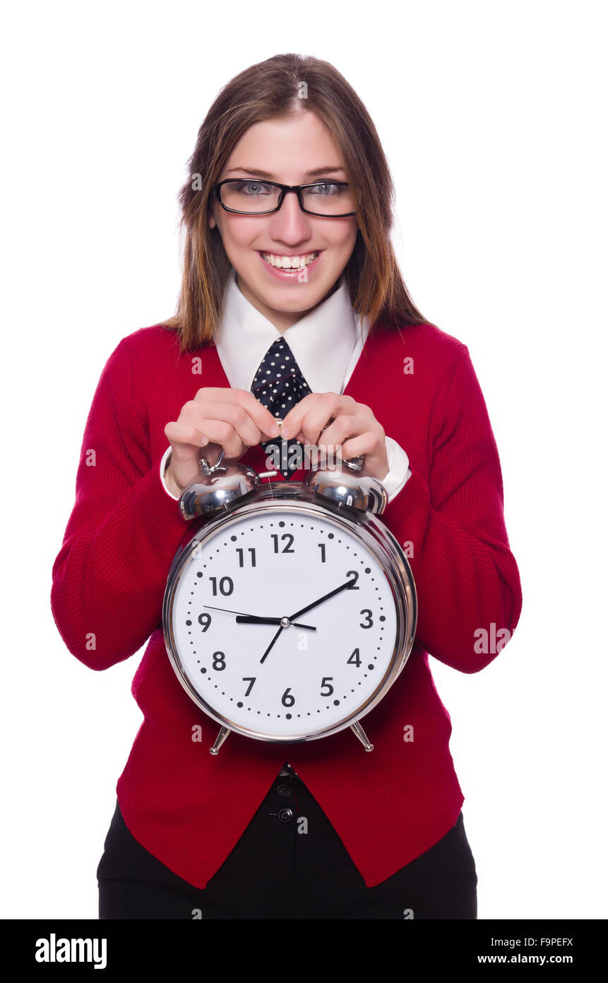Office worker holding alarm clock isolated on white Stock Photo - Alamy