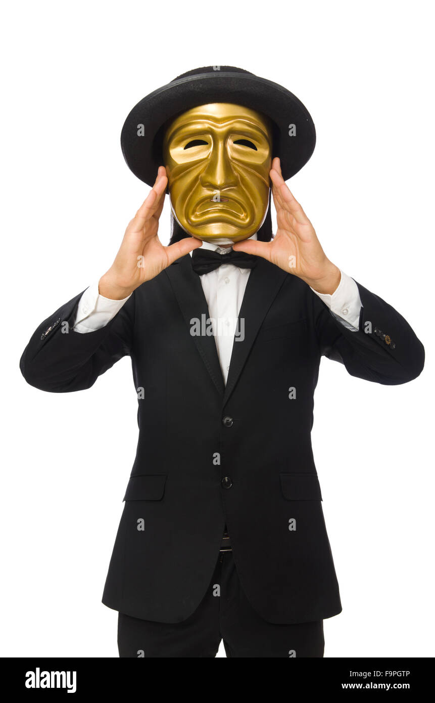 Man with theater mask isolated on white Stock Photo - Alamy