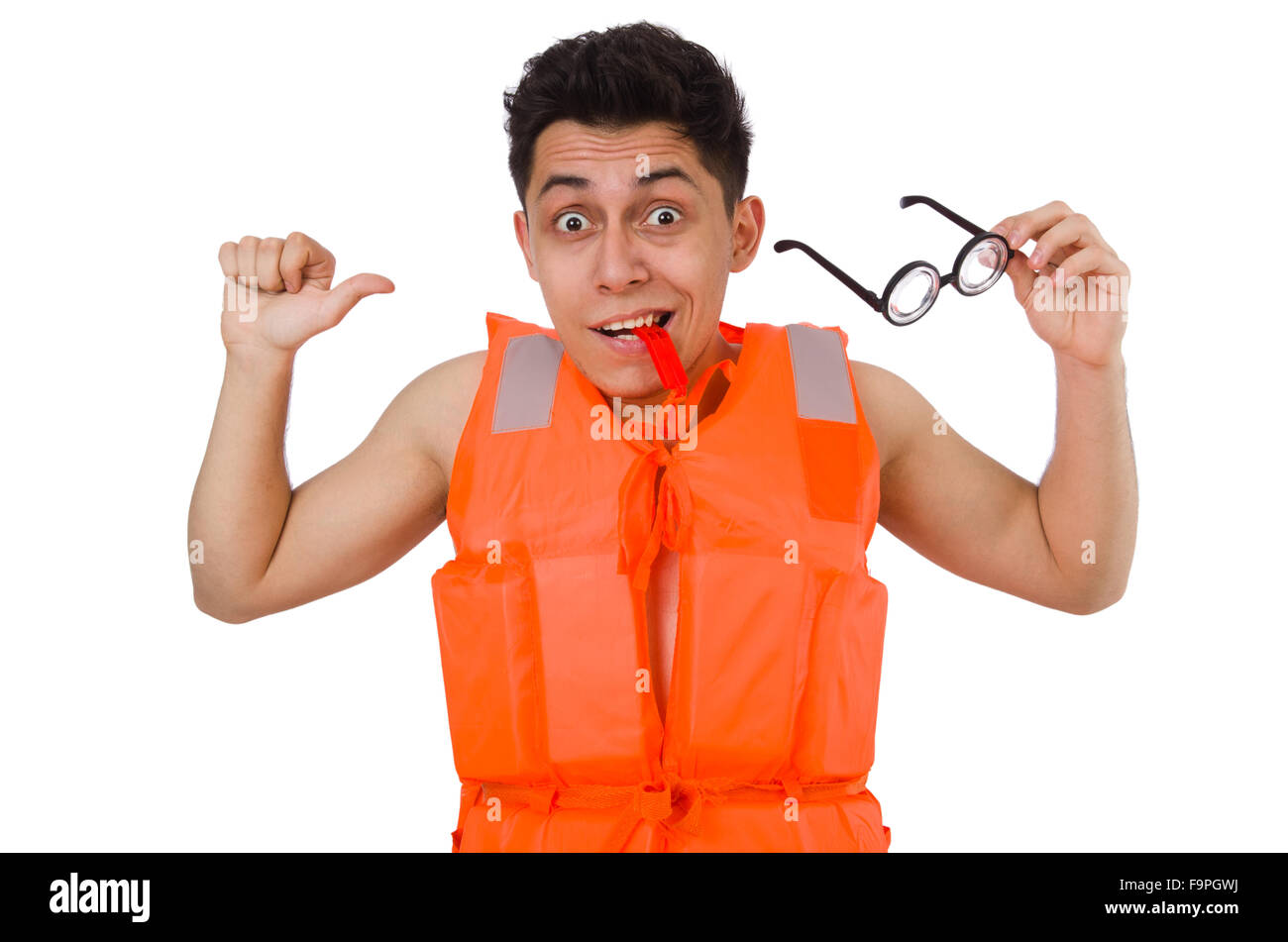Funny man wearing orange safety vest Stock Photo - Alamy