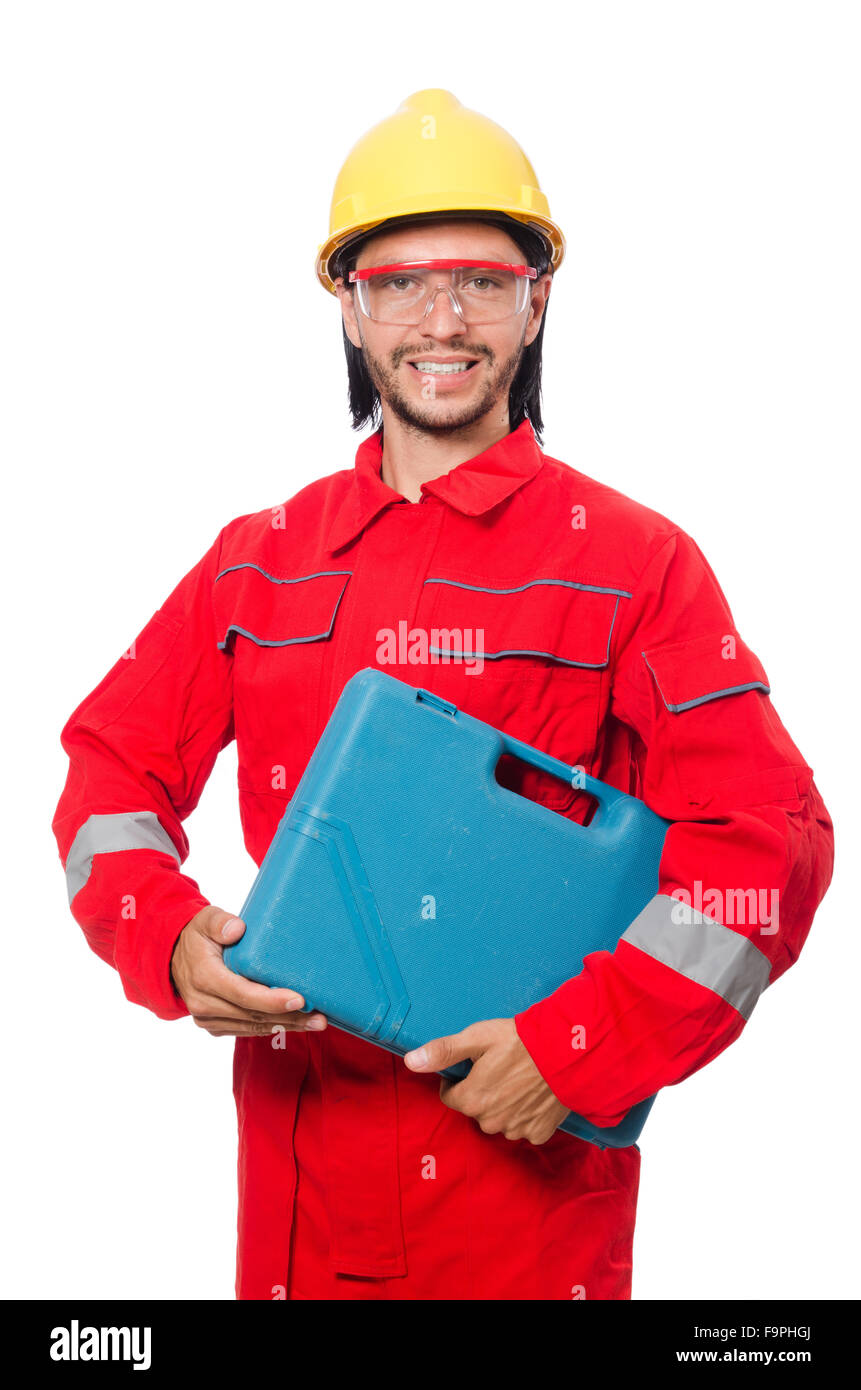 Man wearing red coveralls isolated on white Stock Photo - Alamy