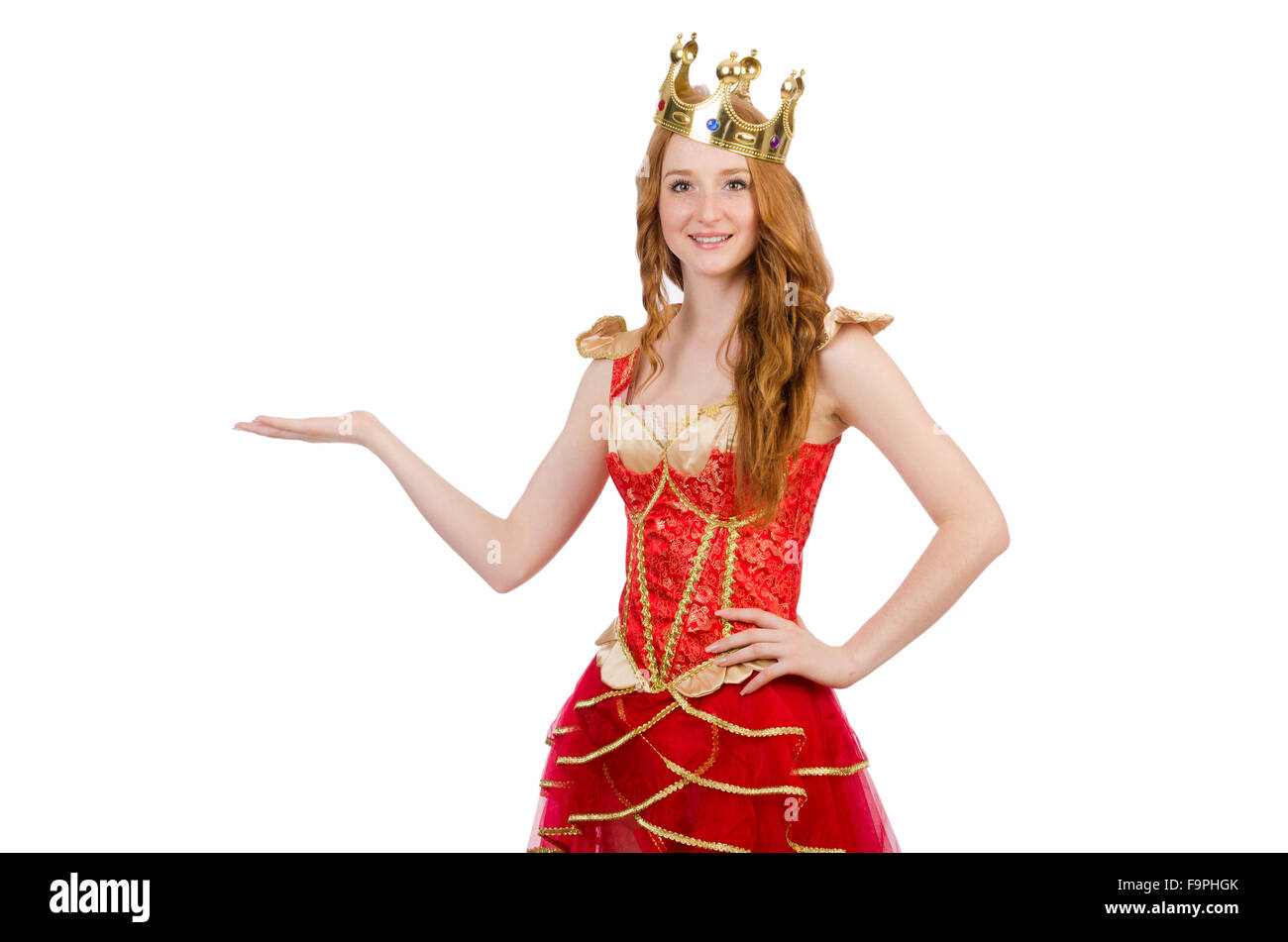 Princess wearing crown and red dress isolated on white Stock Photo - Alamy
