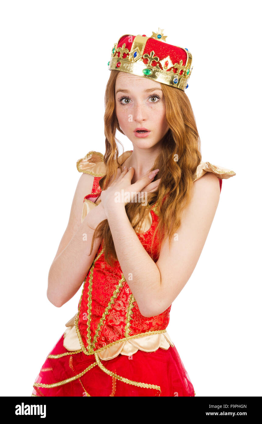 Princess wearing crown and red dress isolated on white Stock Photo - Alamy