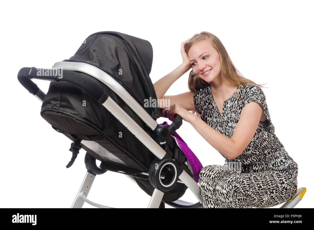 Happy mom with her baby in pram Stock Photo - Alamy